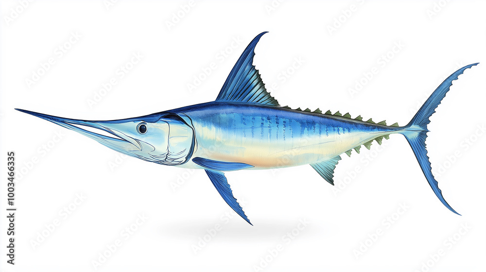 Atlantic blue marlin fish swimming with long bill isolated on white ...