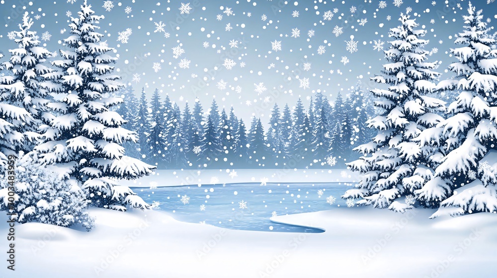 Snowy winter landscape with pine trees and a frozen lake, with falling ...