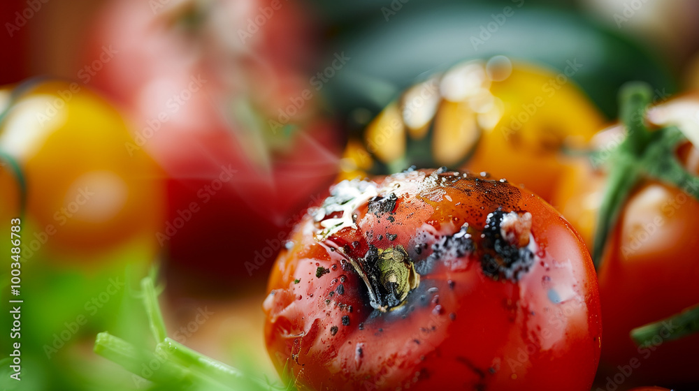 Fresh vegetables with a single rotten tomato in the center, symbolizing ...