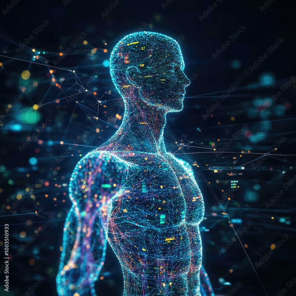 Holographic human body with data points highlighting health diagnostics ...