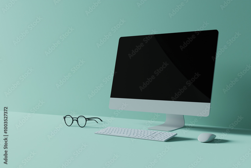 Minimalist office desk setup with computer monitor, keyboard, and ...