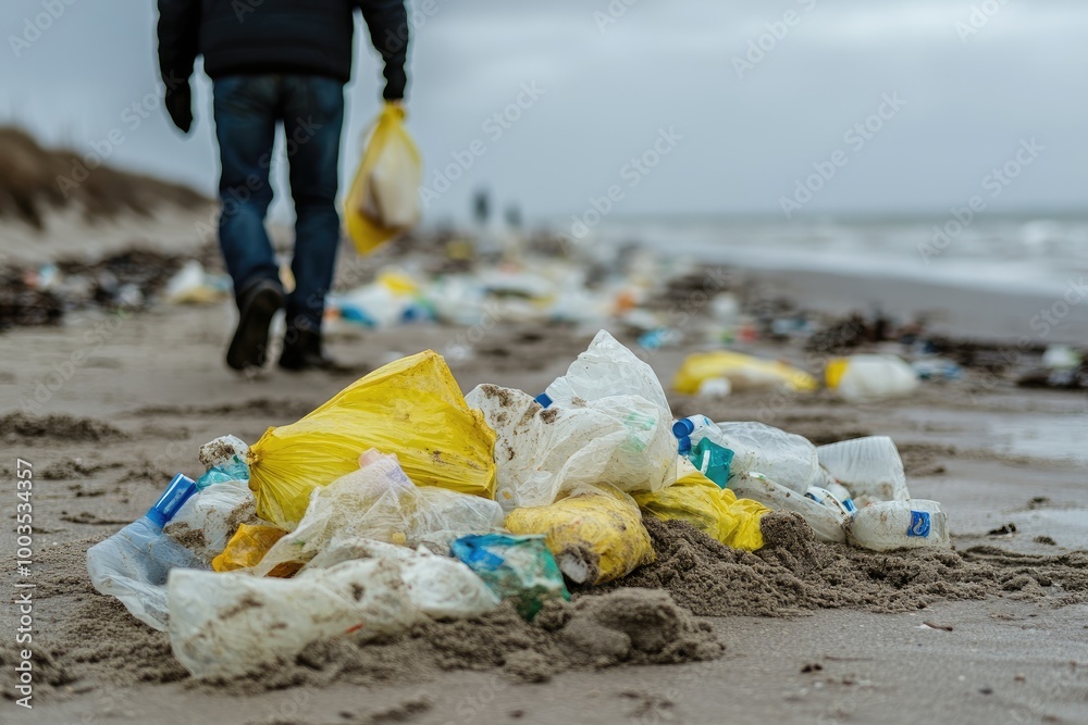 Stock-Foto „Plastic bags and bottles litter a beach. This image ...
