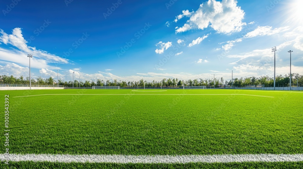 Empty football stadium with lush green soccer field and white boundary ...