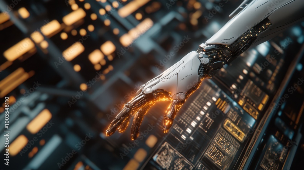 Futuristic sci-fi AI supercomputer with a humanoid cyborg interface ...