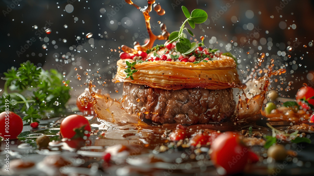 Dynamic shot of levitating Beef Wellington components: beef fillet ...