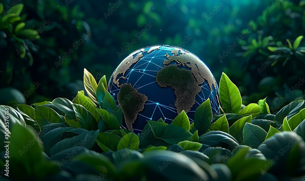 Earthly Embrace, a globe encircled by vibrant green leaves, symbolizing ...