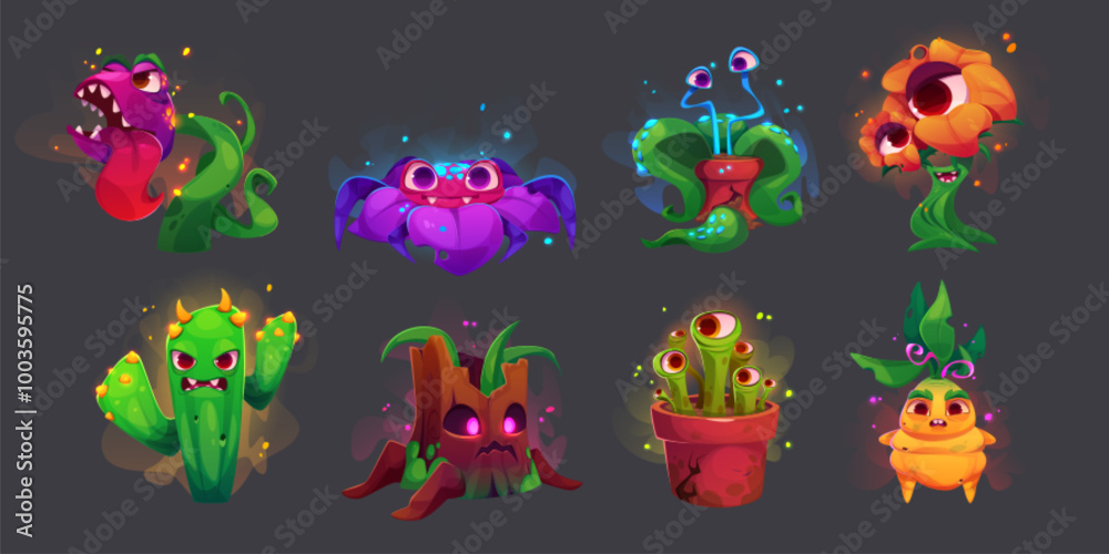 Scary monster plants. Fantasy alien flower vector. Cute and creepy ...