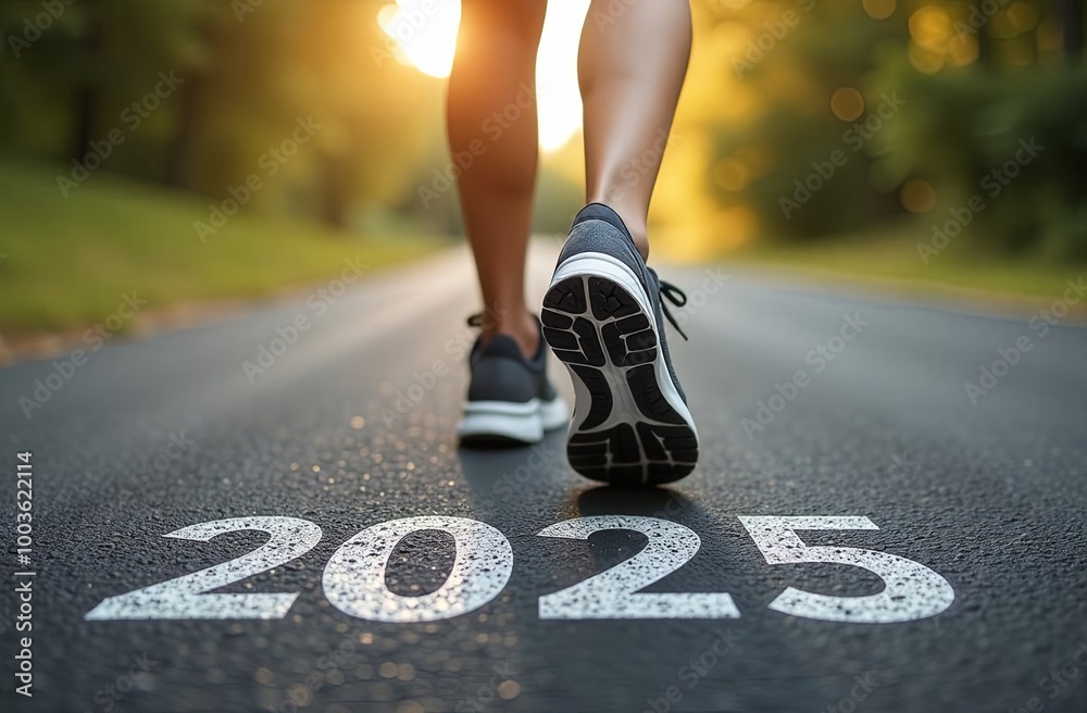 Sporty young woman running down the road. Concept of 2025 goals. Aiming ...