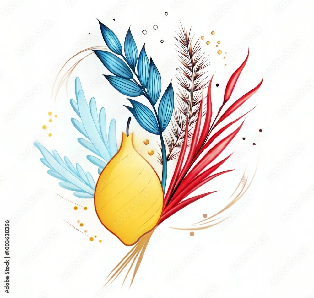 Lulav and etrog depicted in bright colors and simple shapes, modern ...