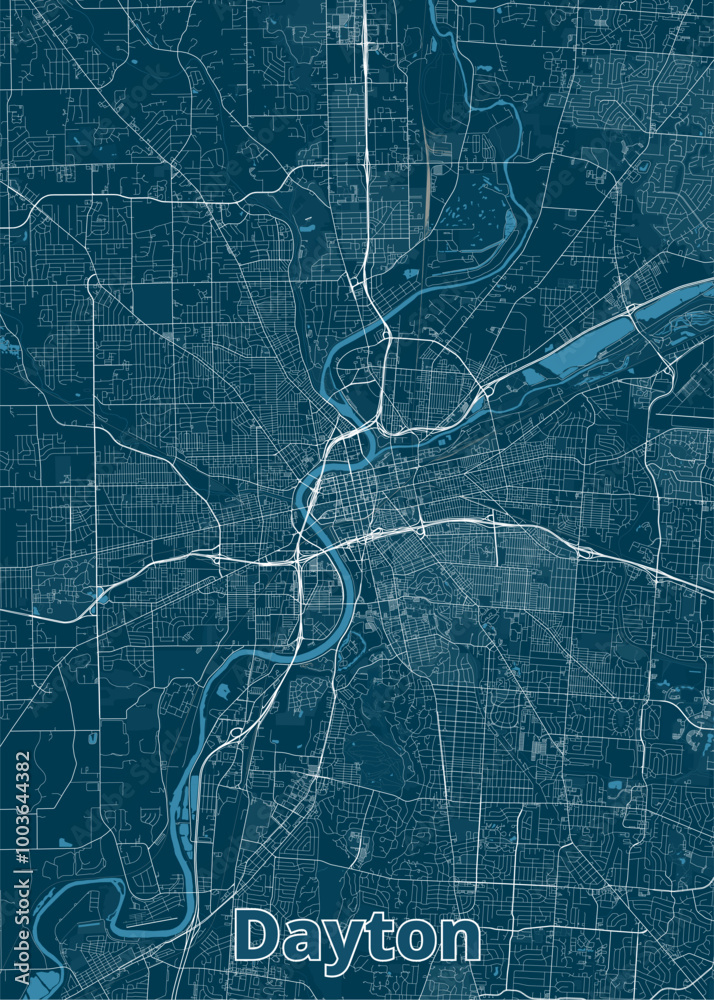 A detailed map of Dayton, Ohio, rendered in a minimalist style. The map ...
