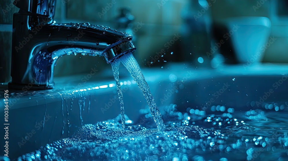 Blue tap with a stream of water, spray droplets in the air ...