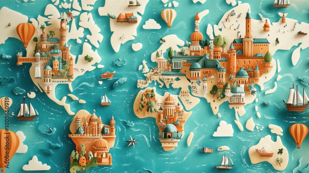 Paper Craft World Map with Architectural Landmarks and Vessels Stock ...
