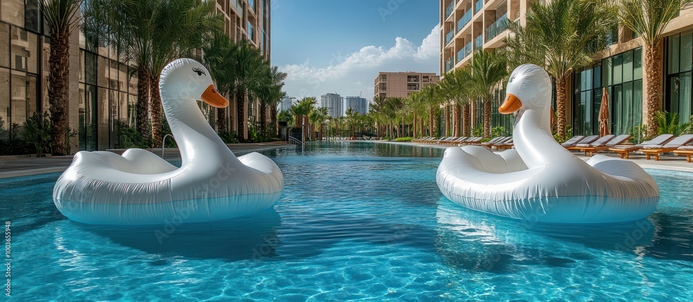 Two white swan shaped inflatable rafts floating in a swimming pool in ...