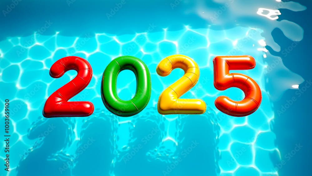 Colorful inflated 2025 numbers floating on water in a pool Stock ...