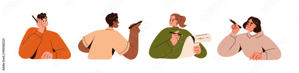 People with pens set. Male and female editors, copywriters, students ...