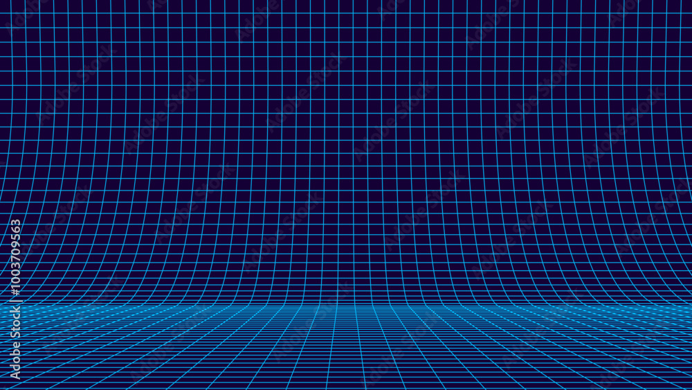 Blue Tech Grid of Curved 3D Stage. Perspective Grid Floor. VR Virtual ...