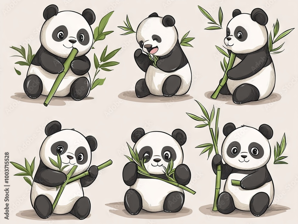 2408 18.Cute pandas with bamboo: A set of cute cartoon pandas in ...