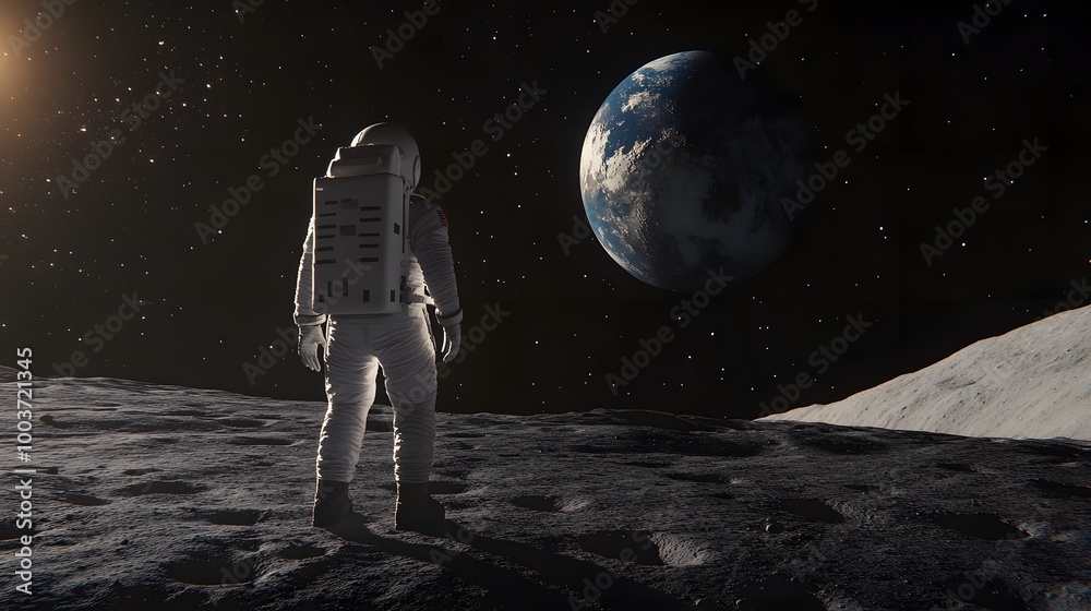 Astronaut Neil Armstrong, spacewalk on the Moon surface watching planet ...