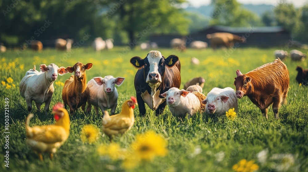 A real-life photograph capturing a vibrant farm scene with a diverse ...