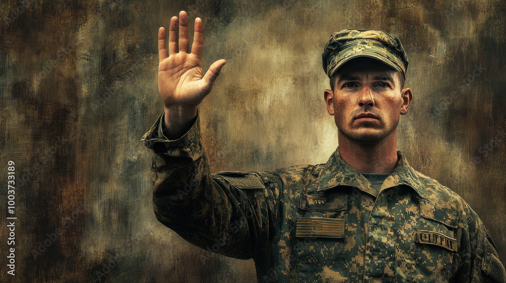 soldier swearing oath with one hand raised, showcasing determination ...