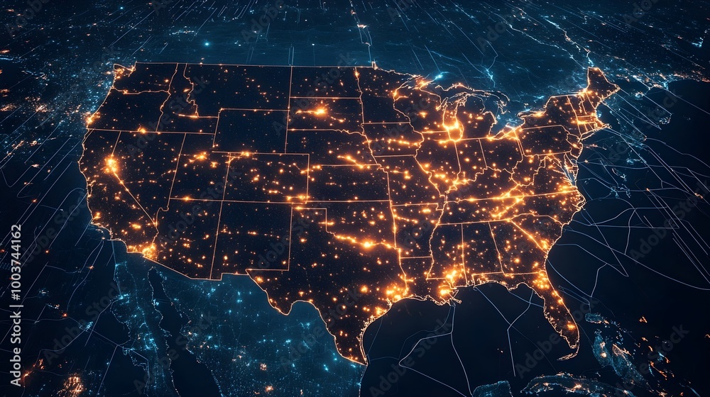 a digital representation of a map of the United States at night ...