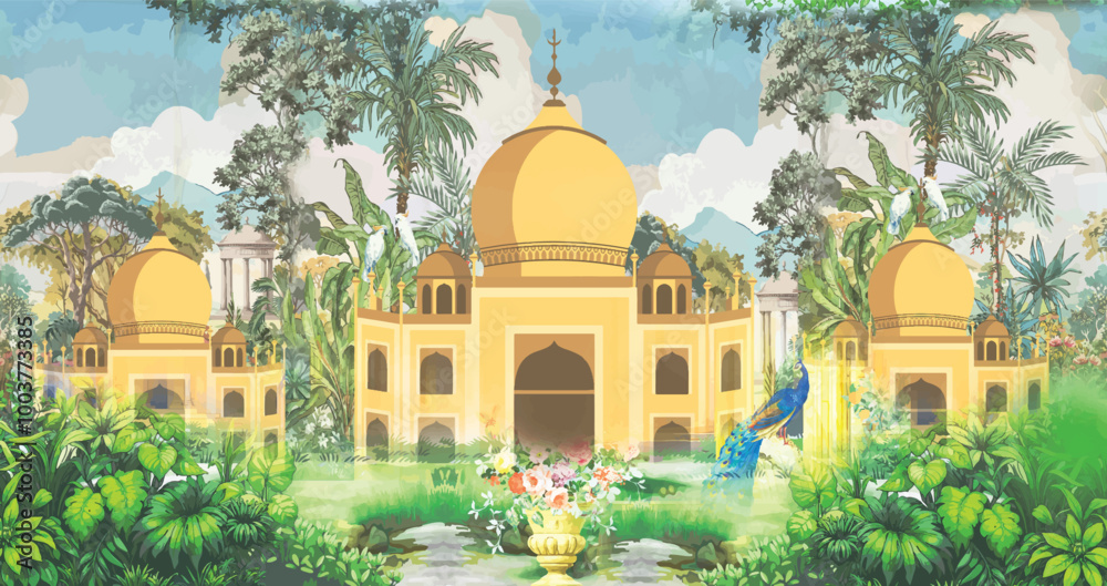 Adobe Illustrator ArtworkTraditional Mughal temple lattice wall peacock ...