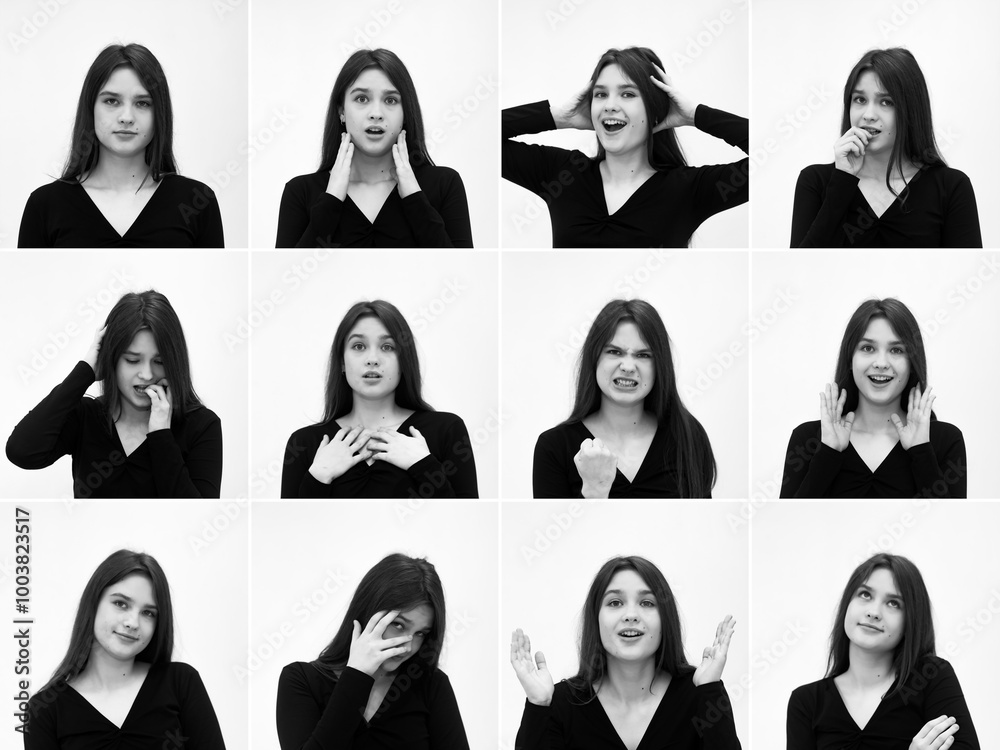 Actress set emotions black white portraits of teen girl 13 year old ...