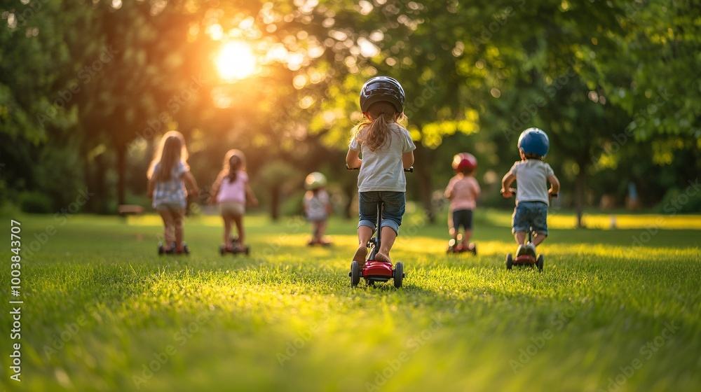 Child using a mobility scooter playing with friends at a park ...