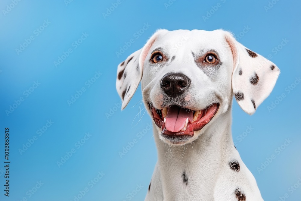 White dog with black spots is smiling and has its tongue out. The dog ...