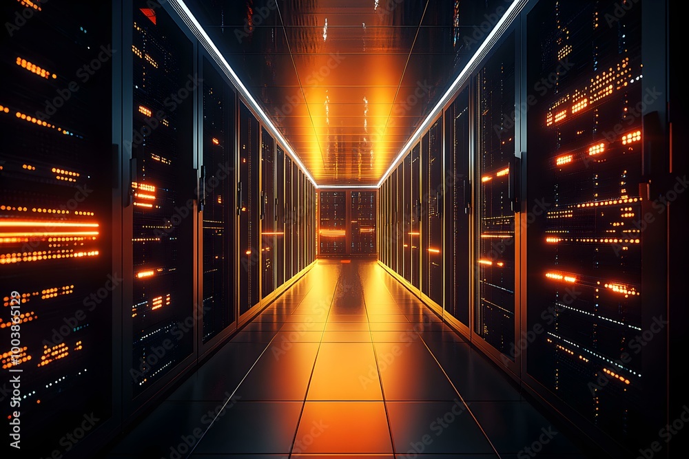 image of interior of data center server room at night illuminated by ...