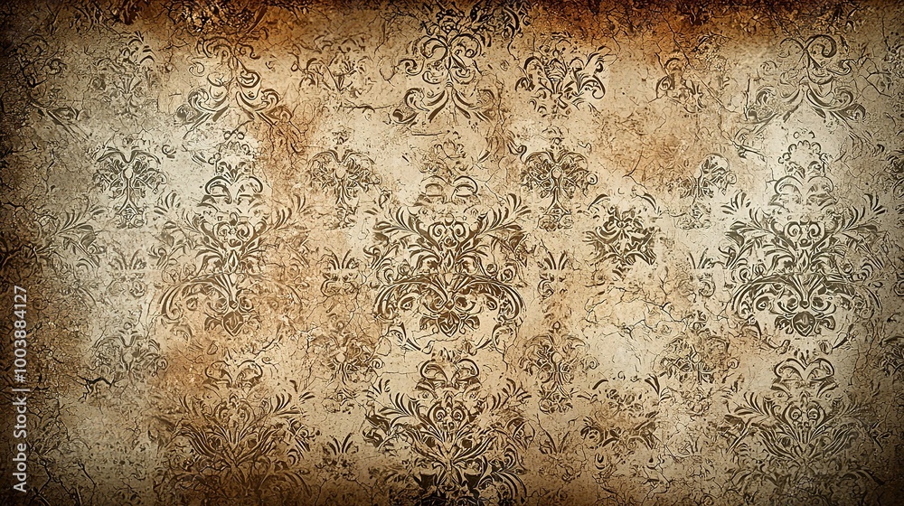 Worn wallpaper with floral patterns on dirty, cracked wall. Backgrouds ...