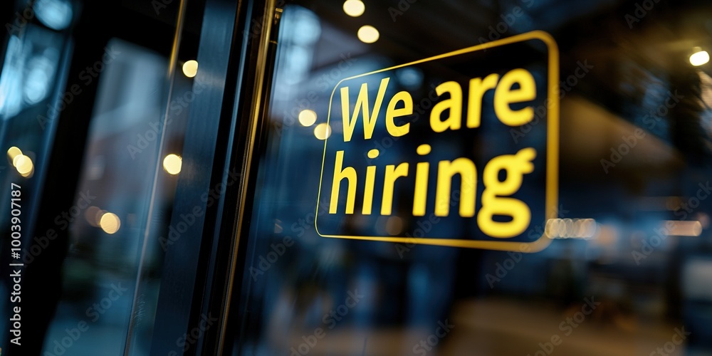 We are hiring text on the glass door of office building. Concept of ...