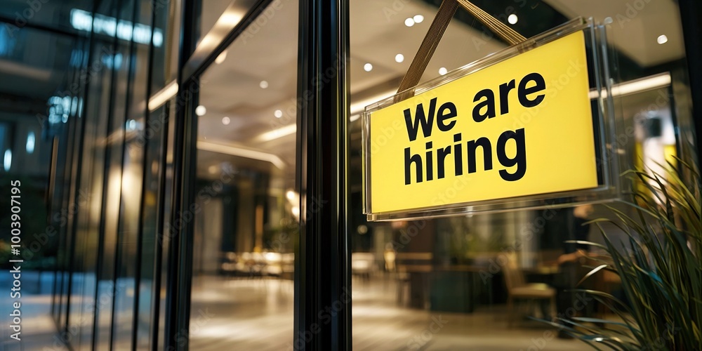 We are hiring text on the glass door of office building. Concept of ...
