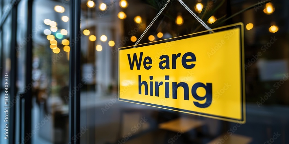 We are hiring text on the glass door of office building. Concept of ...