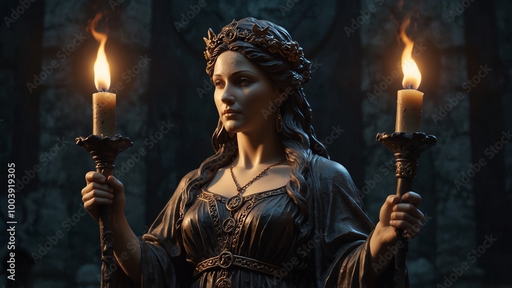 A serene statue of Hecate, goddess of magic and witchcraft, standing at ...