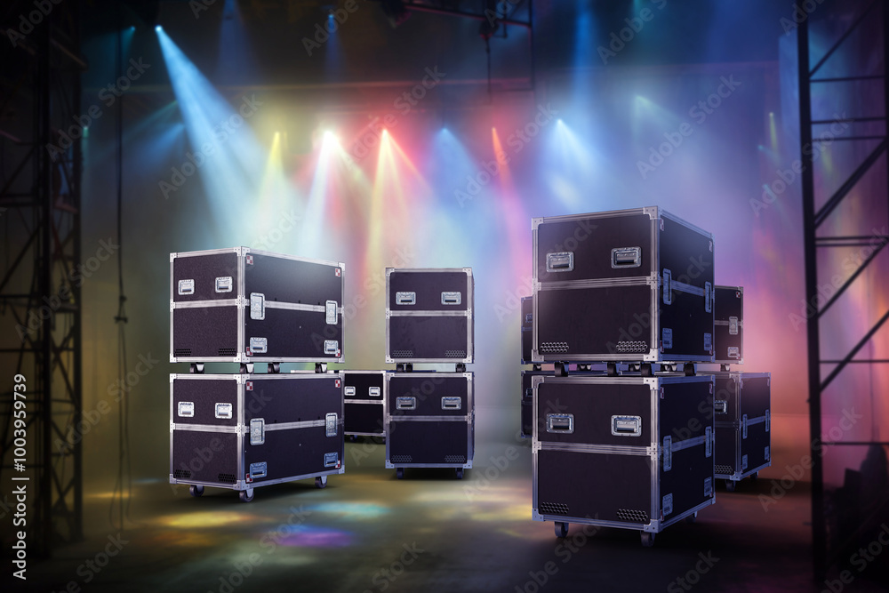 Containers on wheels at concert venue. ATA flightcase on nightclub ...