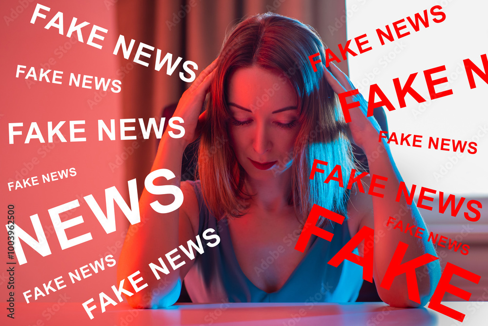 Fake news problems. Woman has headache due to misinformation ...
