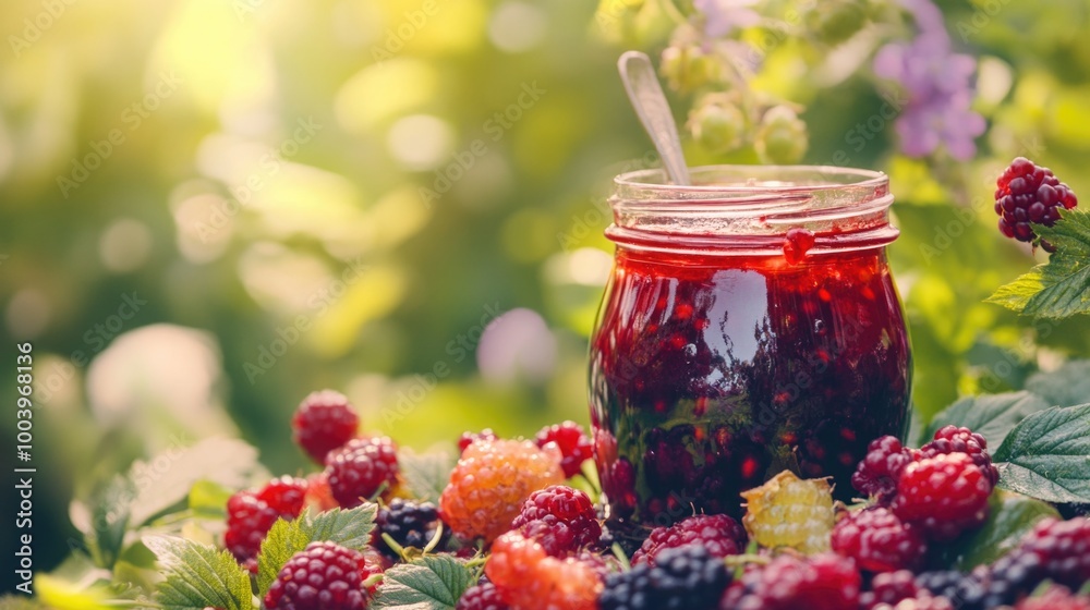 Homemade jam and fresh berries from a healthy recipe. Jars of jam in ...
