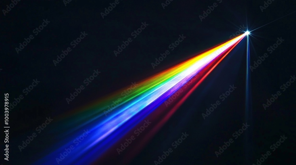 Bright light beam shines through a prism, creating a stunning rainbow ...