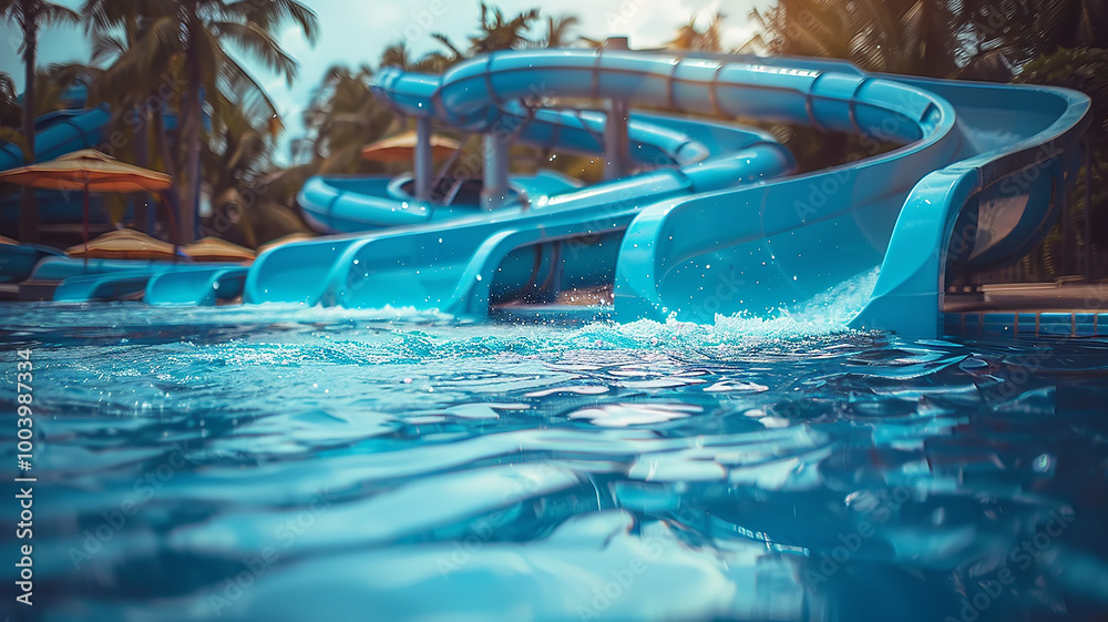 Water park background copy space, slides and pool in the water park ...