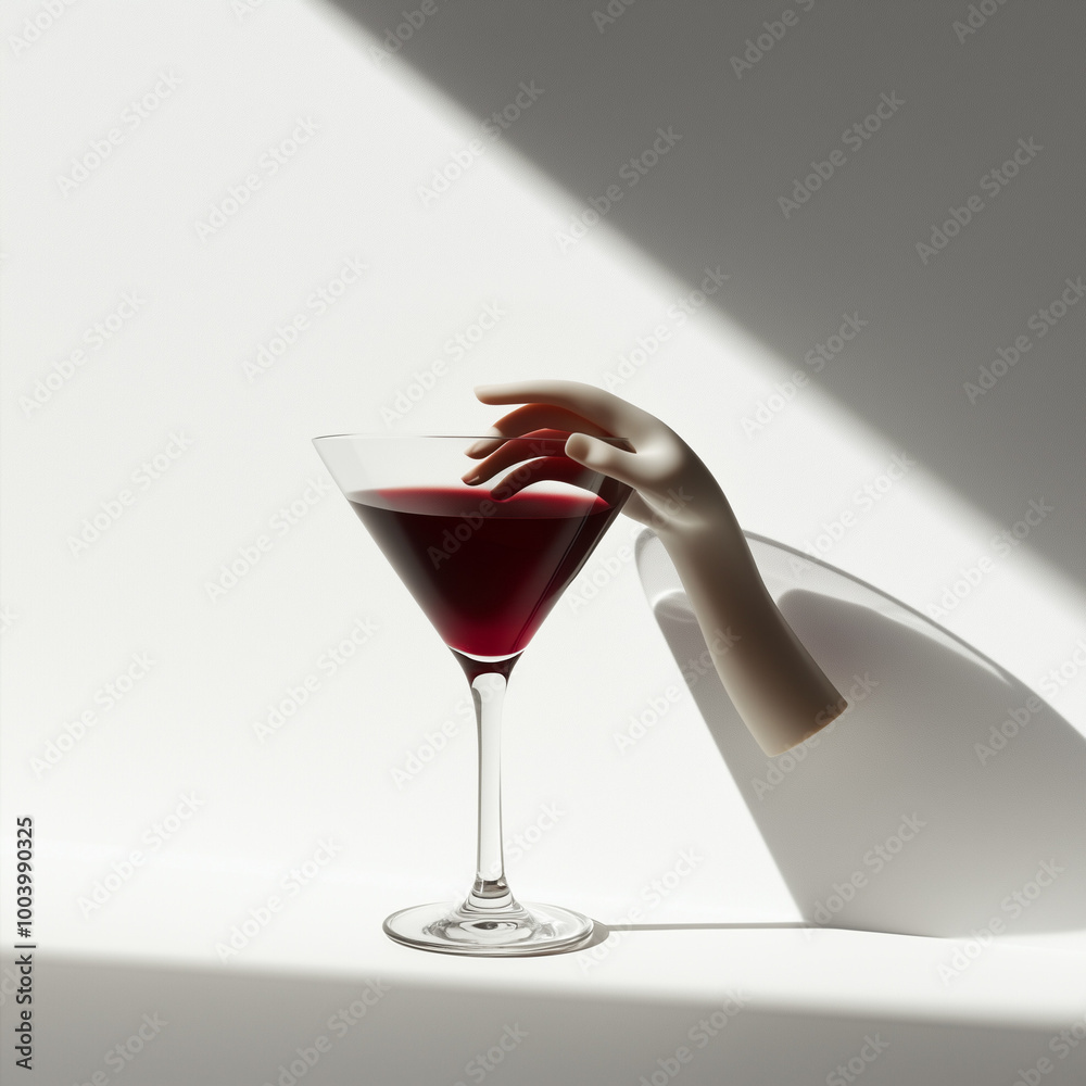Doll hand drowning in martini glass full of blood. Minimal horror ...