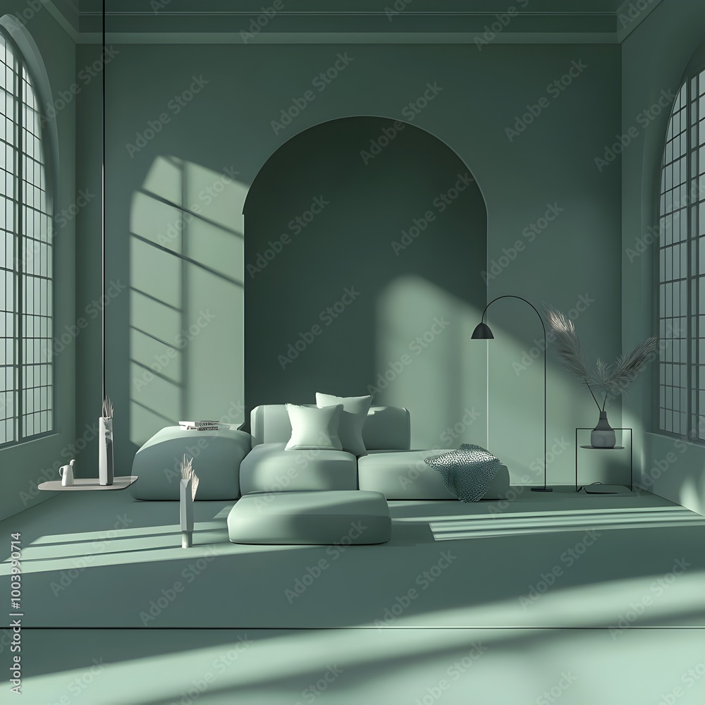 Photo Stock Elegant muted teal color scheme 3D studio setting with open ...