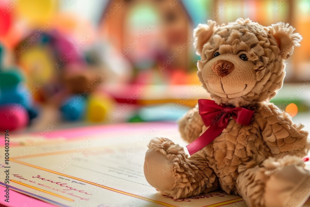 Cuddly teddy bear with a red ribbon sitting on a kindergarten diploma ...