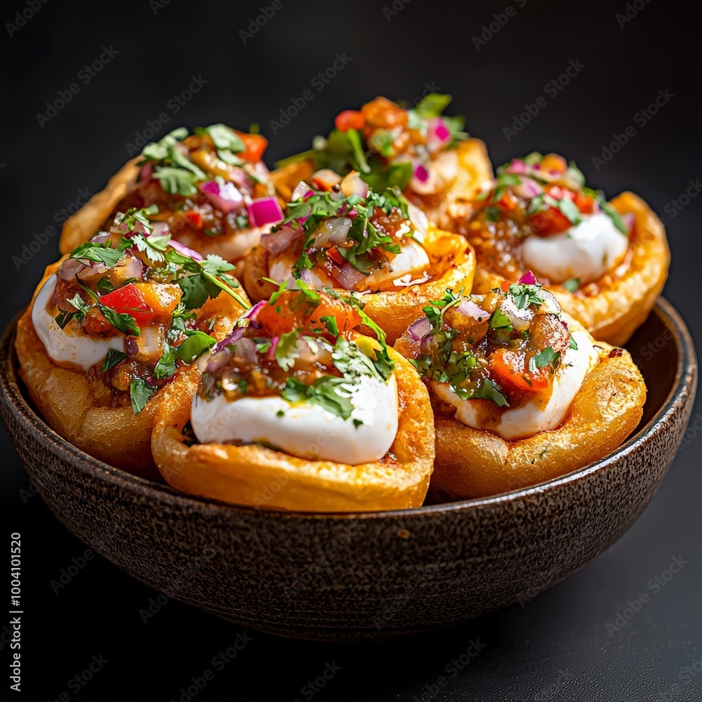 Indian dahi puri, beautifully lit in a studio setting to showcase the ...