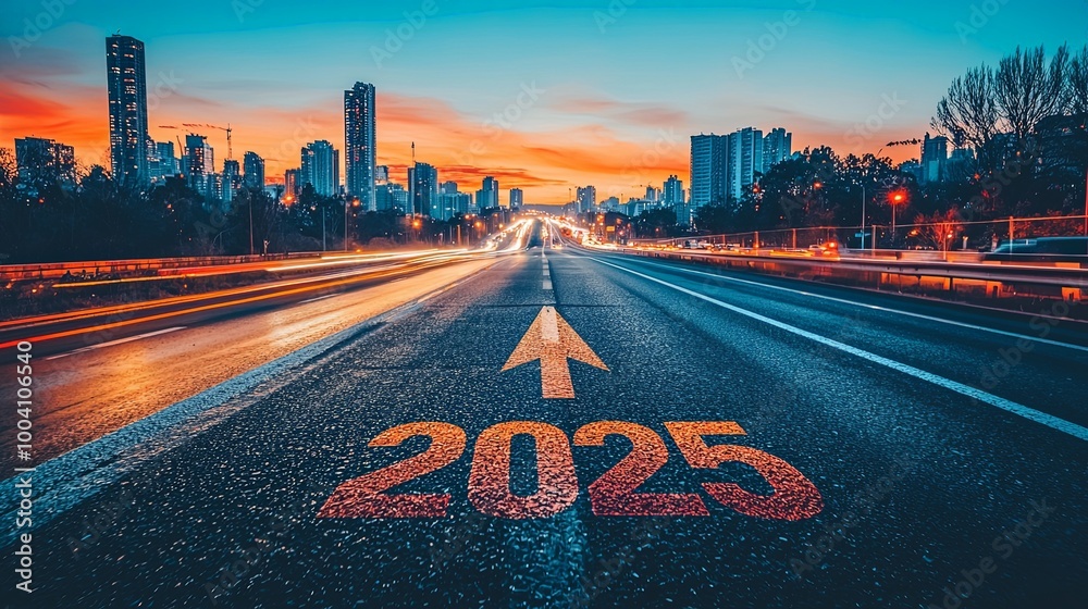 An urban road illuminated with glow lights paving the way to the year 2025, capturing the ...