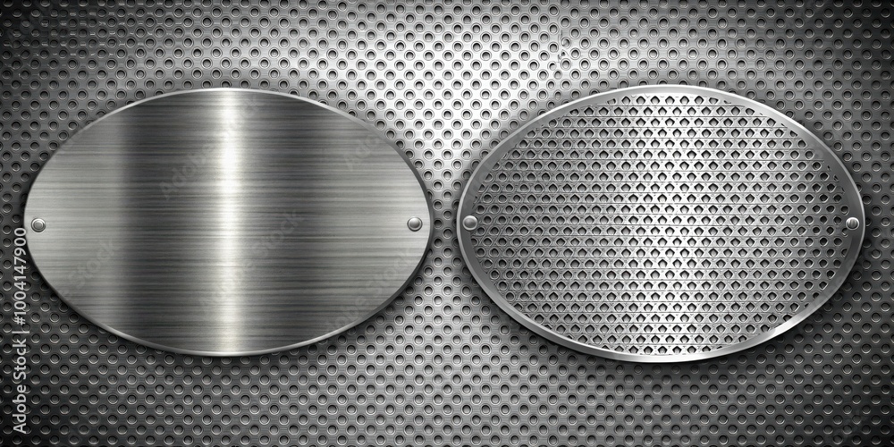 Round and oval metal brushed plates on iron perforated background for ...