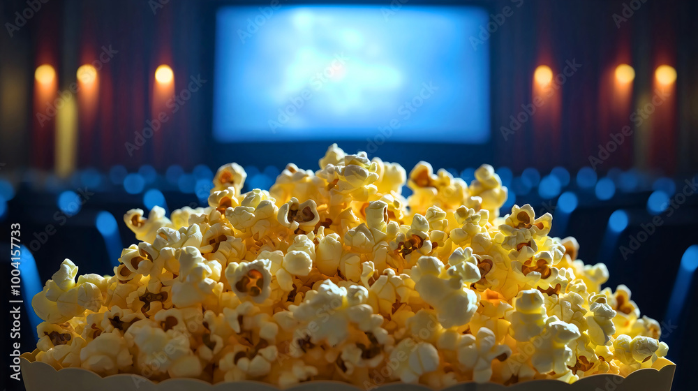 Popcorn served in a cinema in front of the big screen, light and quick ...