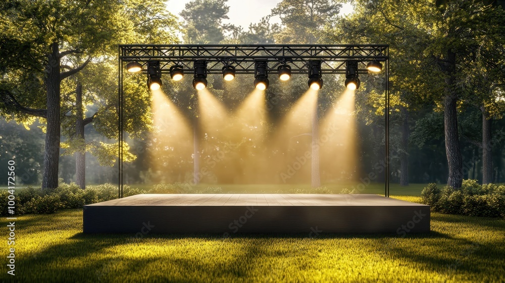 An outdoor stage set up in the middle of an empty park, with spotlights ...