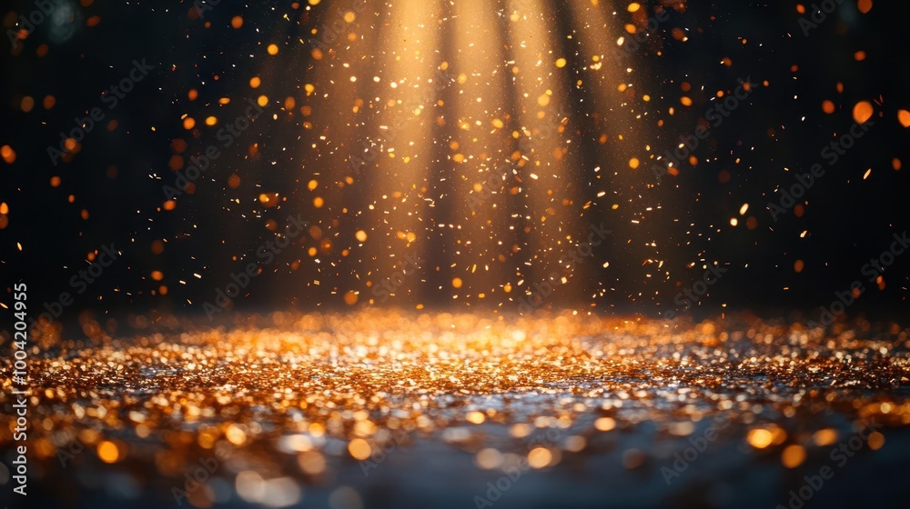 golden confetti raining down on an empty illuminated stage dramatic ...