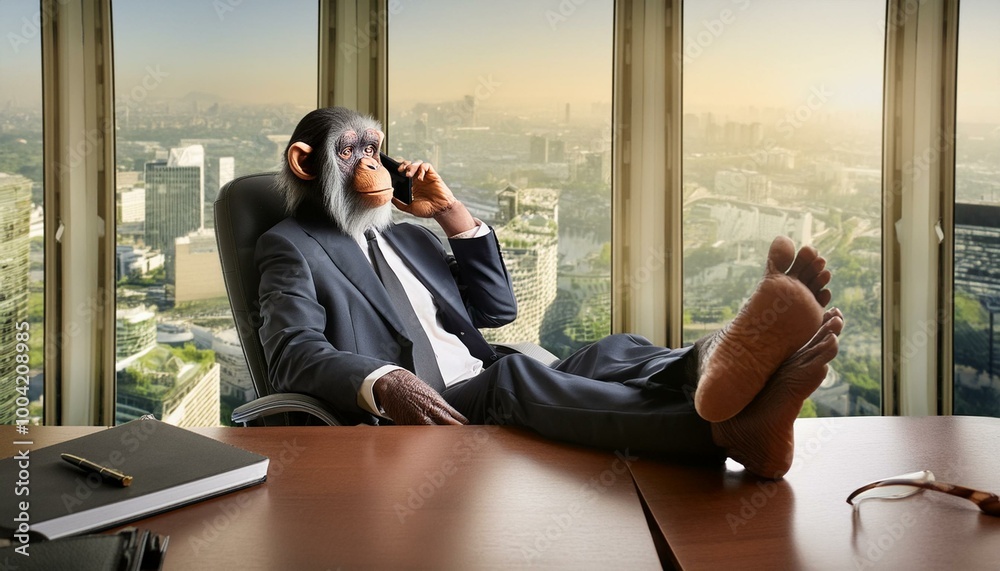 Chimpanzee businessman CEO wearing a suit in corporate office. AI ...